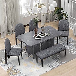 BIADNBZ 6-Piece Dining Table Sets for 6,Wooden Kitchen Furniture with Faux Marble DiningTable,4 Upholstered Chairs & 1 Bench for Home DiningRoom,Modern and Classic Style, Gray