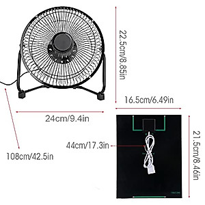 Iron USB Solar Panel Fan, 8 inch 5.2W 6V Cooling Fan + Solar Panel for Outdoor Traveling