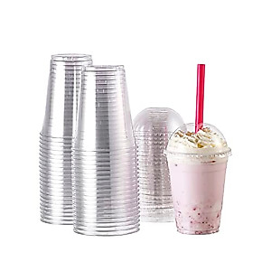 [100 Sets-16 oz.] Plastic Cups With Dome Straw Slot Lids PET Crystal Clear Disposable Togo Cup BPA Free For Party Ice Cold Drinks Coffee Tea Parfait Dessert Smoothie Bubble Boba Fruit Milkshake Slush