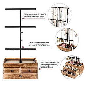 X-cosrack Jewelry Tree Stand Organizer 3 Tier Metal Jewelry Holder Stand with Wood Basic Storage Box, Adjustable Height Holder Display for Necklaces Earrings Bracelets and Rings, Carbonized Black