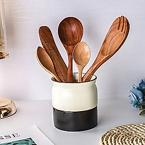 Ceramic Utensil Holder Double Layer kitchen Utensil Holder for Countertop with Drainage Holes Utensil Crock for Farmhouse Kitchen Decor. (0.68)
