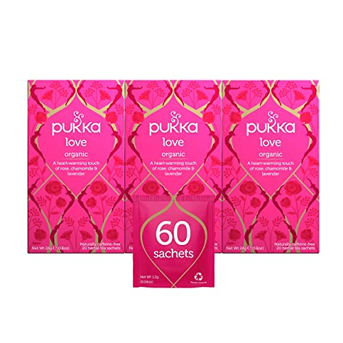 Pukka Organic Tea Bags, Chamomile, Rose and Lavender, Love Herbal Tea, 20 Count (Pack of 3)