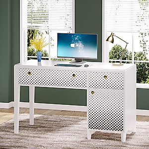 Tribesigns Computer Desk with Drawers, 47 Inches Home Office Desk with Storage Cabinet, Modern Study Writing Desk Makeup Vanity Table for Bedroom, White