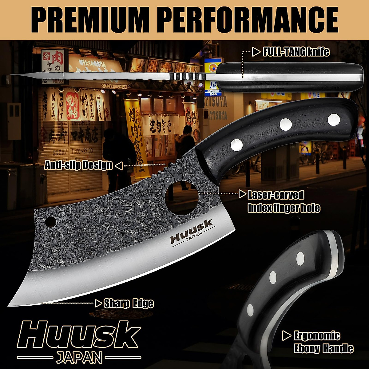 Huusk Knives Japan, Hand Forged Meat Cleaver Knife with Sheath, High Carbon Steel Kitchen Knife for Meat and Vegetables, Full Tang Butcher Knife for Camping, BBQ, Gift for Men Women