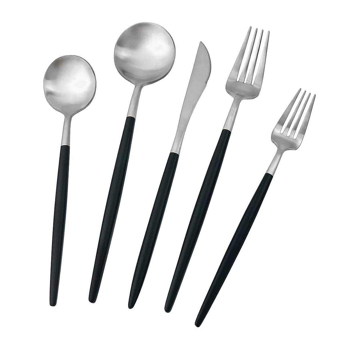 Gugrida Black Silver Flatware, Royal 5 Piece Matte Black Handle 18/10 Stainless Steel Tableware Sets for 1 Including Forks Spoons Knives, Camping Silverware Travel Utensils Set Cutlery Black/Silver
