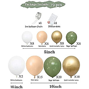 Sage Green Balloon Garland Arch Kit 79PCS Olive Green Peach White Gold Balloons for Forest Safari Jungle Tropical Theme Decorations Baby Bridal Shower Birthday Party
