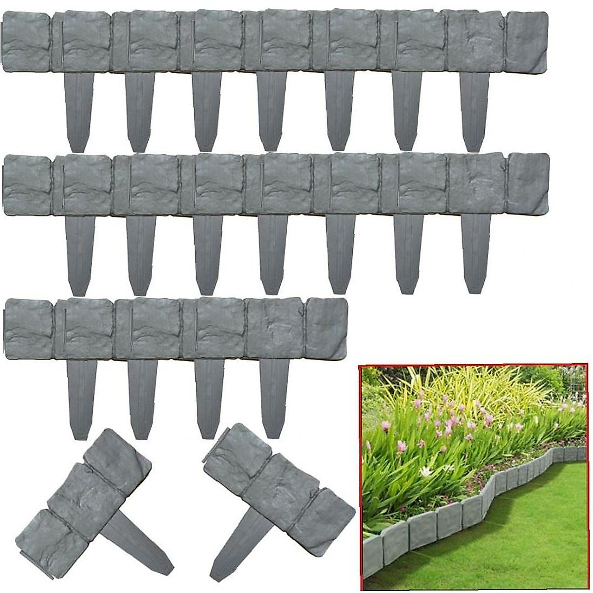 Ruluti 20pcs Flower Bed Decorative Fence Simulation Stone Plastic Garden Edging Border Interlocking Lawn Landscape Stakes, Gray