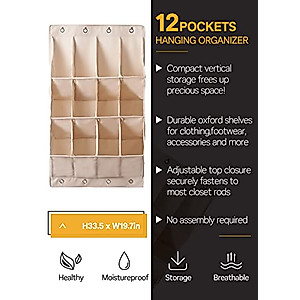 Wall Shoe Organizer With 4 Metal Hooks Over the Door Shoe Rack 12 pockets Hanging Shoe Organizer Wall Shoe Storage For toys sneakers hats and more Over The Door, Cream