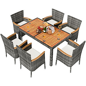 Shintenchi 7 Piece Patio Dining Set, Wicker Patio Conversation Set with Wood Table Top, Outdoor Table and Chairs with Soft Cushions for Backyard, Deck and Garden, Grey Rattan