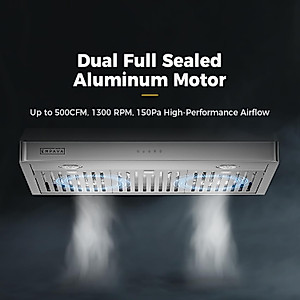 Empava Ducted Range Hood Under Cabinet 30 Inch, Kitchen Stove Vent with Dual Sealed Aluminum Motor 3-Speed, 500 CFM, Push Button Control, Permanent Filters, Stainless Steel, EMPV-RH11