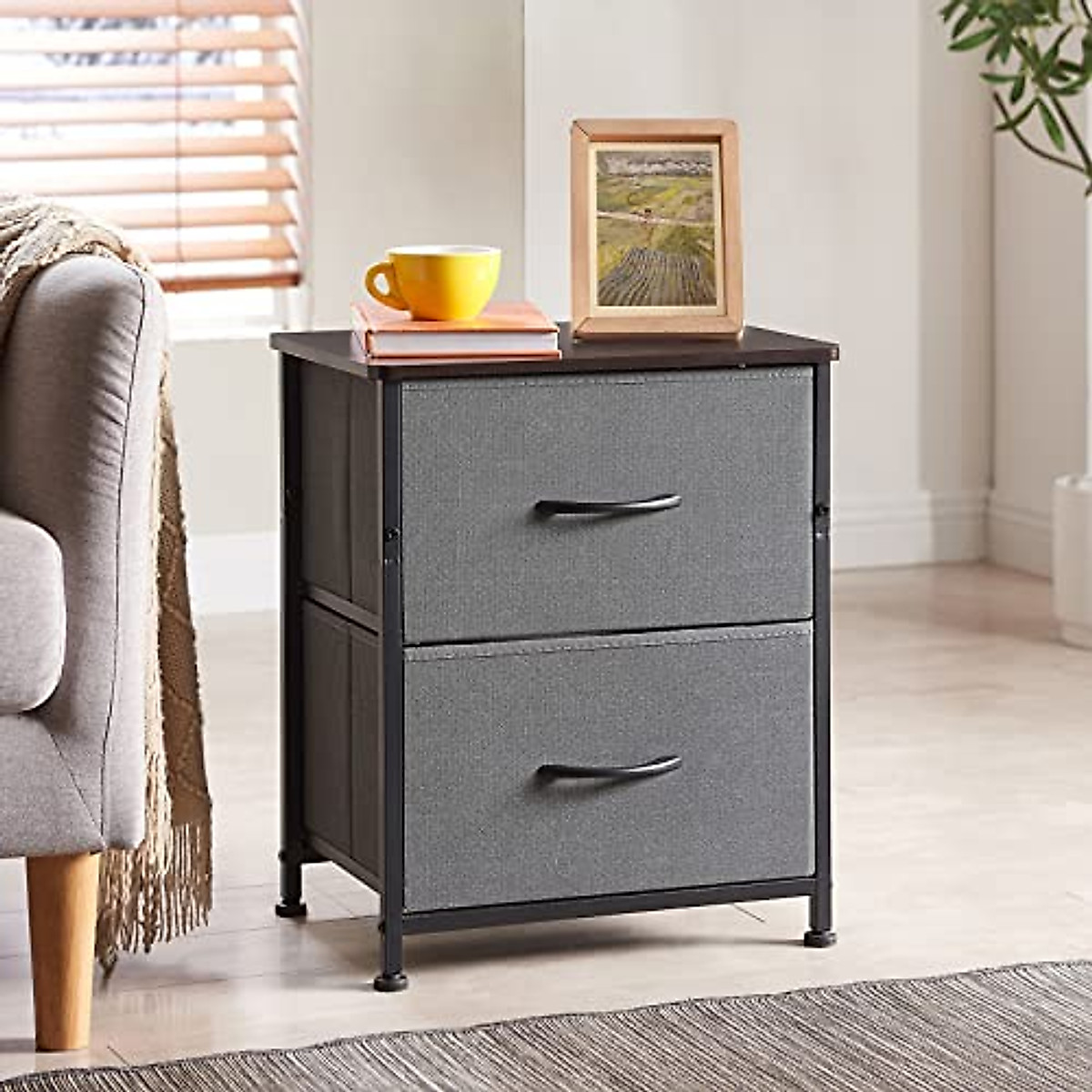 Somdot Nightstand with 2 Drawers, Bedside Table Small Dresser with Removable Fabric Bins for Bedroom Nursery Closet Living Room - Sturdy Steel Frame, Wood Top, Pull Handle - Charcoal Grey/Dark Walnut