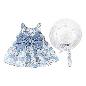 Baby Girls Floral Tutu Dress Summer Sleeveless Backless Princess Birthday Party Dresses Toddler Little Girl First Communion Pageant Flower Ruffle Bow Sundress with Sun Hat Outfit Set Blue 12-18 Months