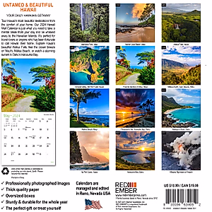 RED EMBER Untamed & Beautiful Hawaii 2024 Hangable Monthly Wall Calendar | 12" x 24" Open | Thick & Sturdy Paper | Giftable | Beach Scenic Nature Travel | Your Daily Hawaiian Getaway