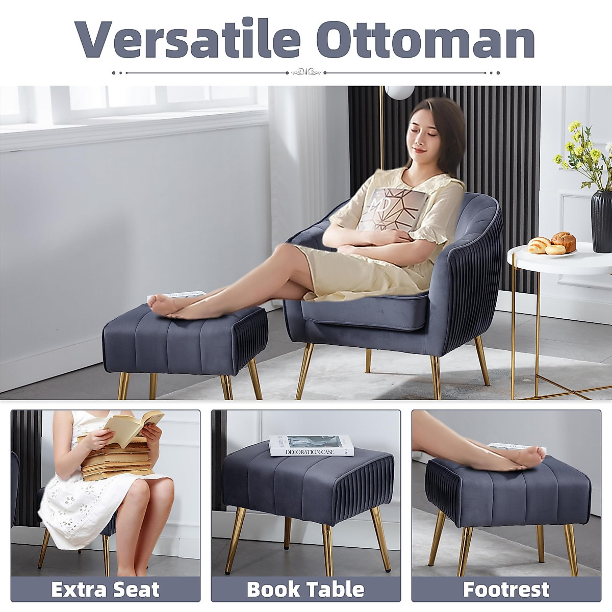 Westice Accent Chair, Upholstered Arm Chair Velvet Sofa Chair with Ottoman Footrest for Living Room Bedroom Reading Room Apartment Office, Gray