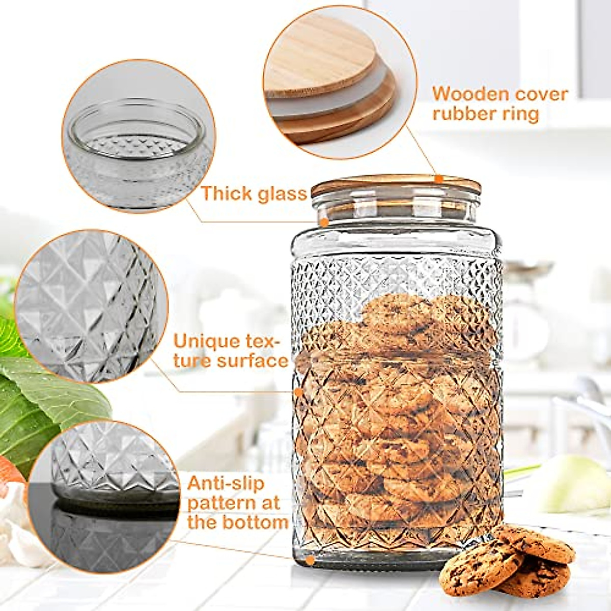 1 Gallon Cookie Jar, Wide Mouth Large Glass Jars with Bamboo Lid, Airtight Storage Food Kitchen Counter Containers for Candy, Flour, Oats, Coffee Bean, Pet Treats, Laundry Pods, Laundry Detergent