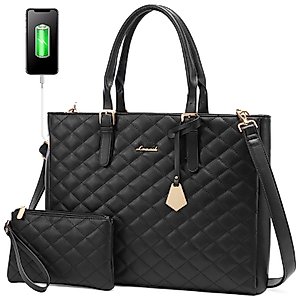 LOVEVOOK Laptop Bag for Women, Work Tote Bag Quilted Leather Computer Shoulder Bag, 15.6 inch Laptop Tote Purse Set, Waterproof Business Briefcase Handbag 2 PCS for Office,Teacher Black