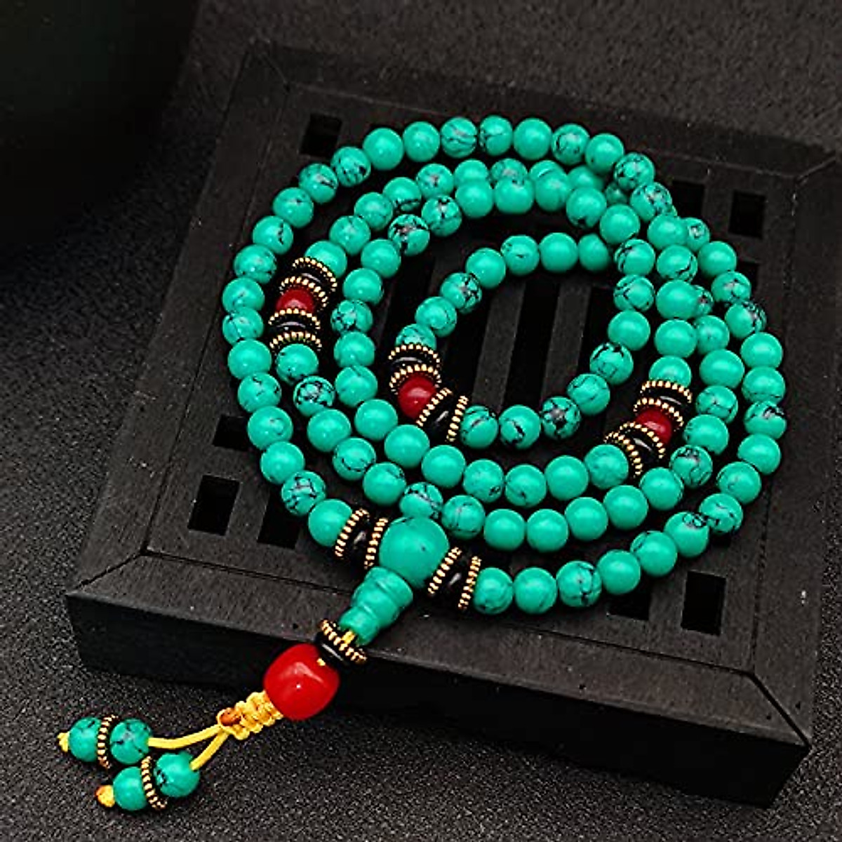 Caiyao 6/8mm 108 Tibetan Turquoise Stone Beads Stretch Bracelet Prayer Buddha Yoga Wrap Mala Bracelet Necklace-6mm