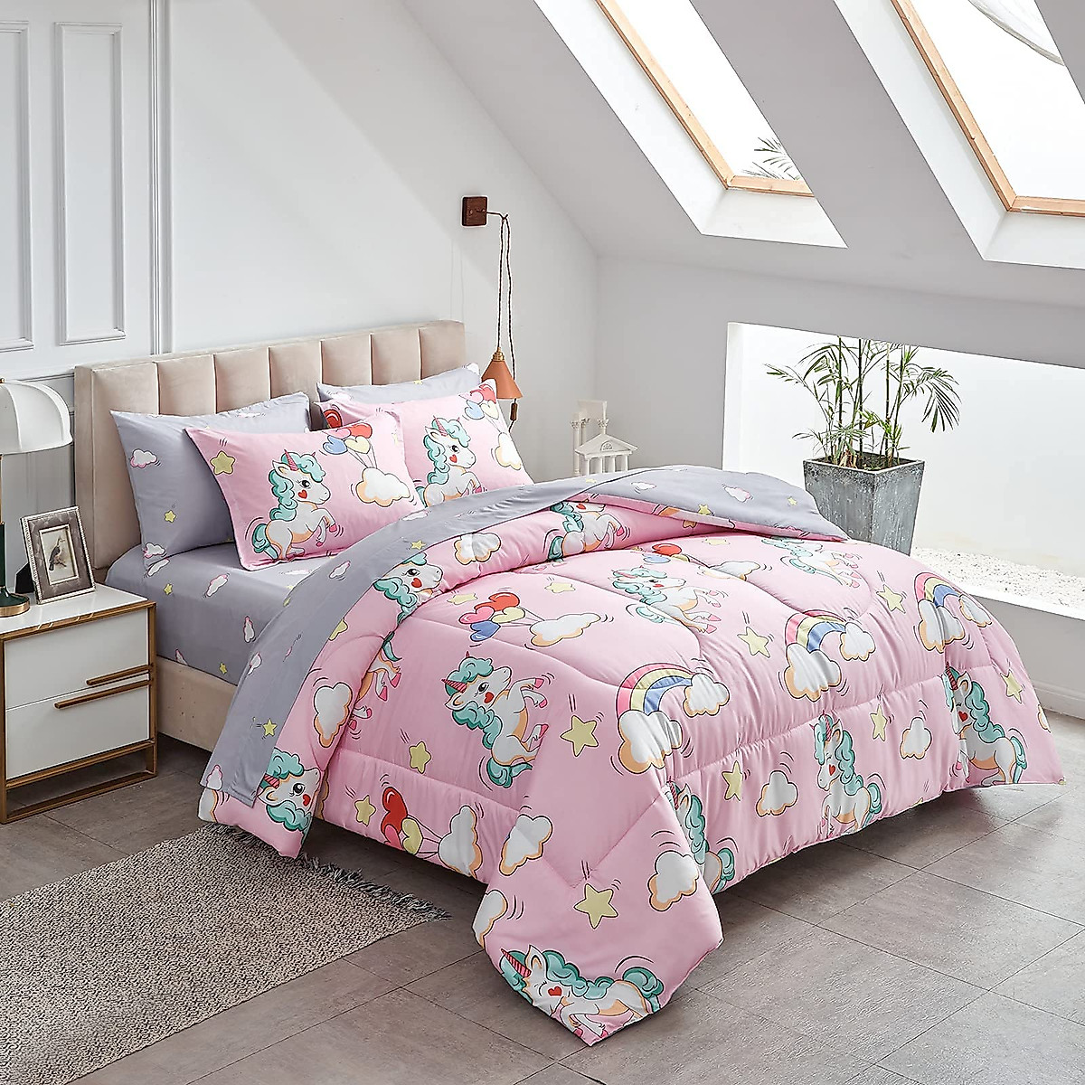 UOZZI BEDDING Kids Girls Bed in a Bag 7 Pieces Queen Size Unicorn Pink Comforter Set - (1 Soft Microfiber, Reversible Comforter, 2 Pillow Shams, 1 Flat Sheet, 1 Fitted Sheet, 2 Pillowcases)