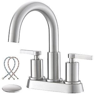 RAINMAX Bathroom Faucets, Brushed Nickel Bathroom Sink Faucet,3 Hole Bathroom Faucet,2-Handle RV Lavatory Vanity Faucet with Pop Up Drain and Supply Lines KMBF004L-1