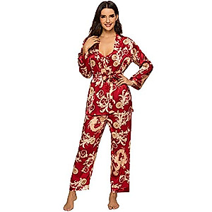Escalier Women's Silk Satin Pajamas Set 3 Pcs Floral Silky Pj Sets Sleepwear Cami Nightwear with Robe and Pants Wine M