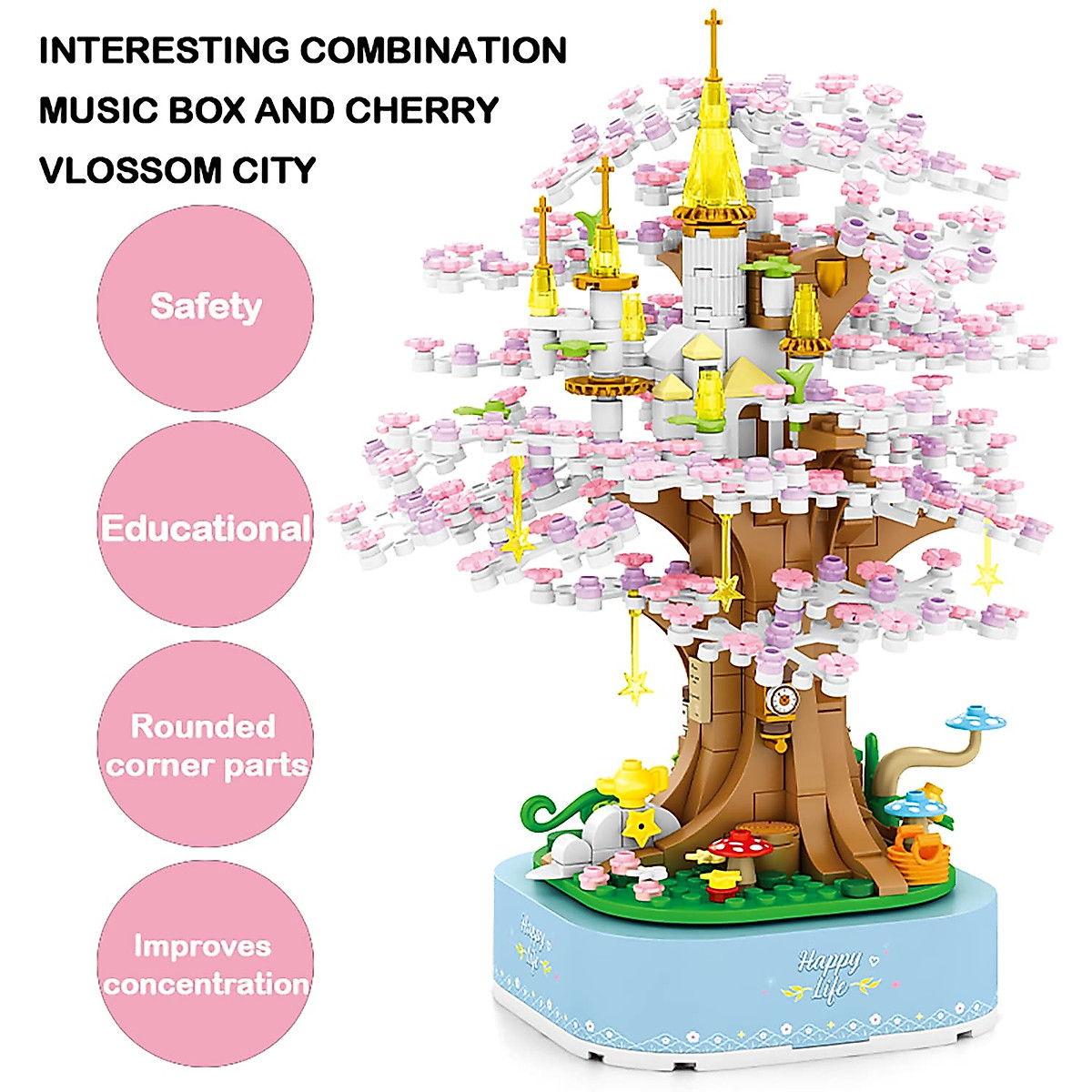 Charming 608-Piece Rotating Sakura Treehouse Music Box Building Blocks Set - Educational Puzzle Toy, for Kids Over 6 and Adults