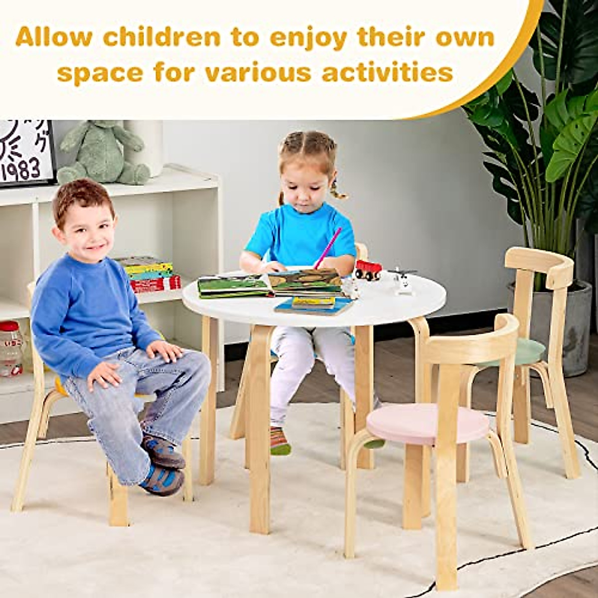 HONEY JOY Kids Table and Chair Set, Bentwood Toddler Round Table and 4 Chairs for Craft Art, Building Block, 5-Piece Children Furniture Set for Daycare, Kindergarten, Playroom (Colorful)