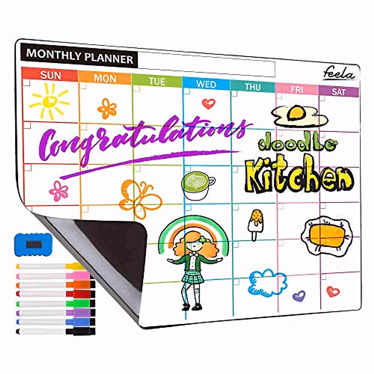 4 Pack Dry Erase 2023 Magnetic White Board Calendar Kit, Feela Monthly Weekly Calendar for Wall Refrigerator, Office Supplies with 8 Magnetic Erase Markers, 1 Eraser, 10 Stickers for Schedule