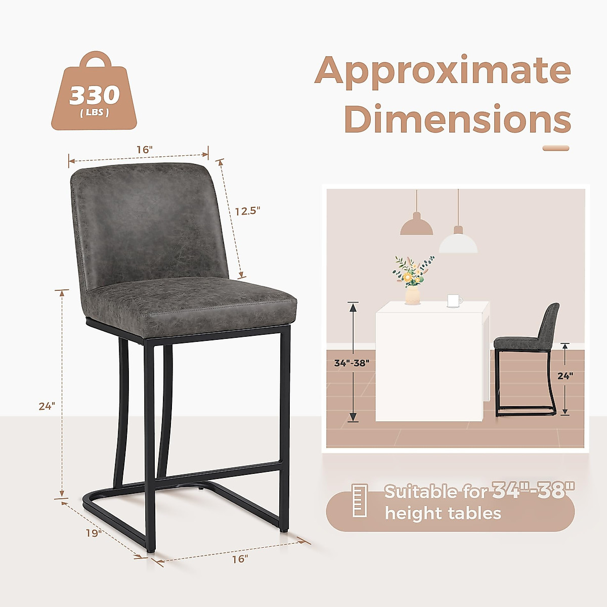 MAISON ARTS Counter Height 24 Inch Bar Stools with Back Set of 4 for Kitchen Counter Modern Upholstered Faux Leather Barstools Farmhouse Bar Chairs Island Stools Support 330LBS, Easy to Assemble, Grey