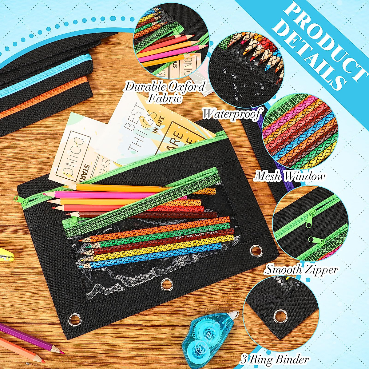 Zhehao 150 Pieces Zipper Binder Pencil Pouches 3 Ring Binder Zipper Pouches Case with Window Ring Pencil Bags Case or Office School Students Supplies(2 Zipper,Black)