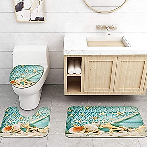 ASPMIZ 4 Pcs Seashell Starfish Shower Curtain Sets with Non-Slip Rug, Toilet Lid Cover and Bath Mat, Ocean Conch Nautical Shower Curtain with 12 Hooks, Waterproof Beach and Fishing Nets Bath Curtain