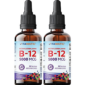 Vitamatic 2 Packs Fast Acting Liquid Vitamin B12 5000 mcg (Methylcobalamin) - Natural Berry Flavor - Sublingual Supplement - Faster Absorption - 2 OZ