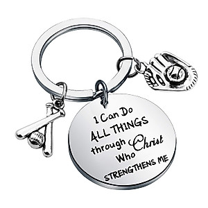 LQRI Baseball Keychain Baseball Player Gift Baseball Coach Gift I Can Do All Things Through Christ Who Strengthens Me Keychain Baseball Jewelry Softball Jewelry Gift (sliver)