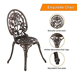 HOMEFUN Bistro Table Set, Antique Bronze Rose 3 Piece, Outdoor Patio Table and Chairs Furniture, Durable Rust Weather Resistance，Rose Bronze
