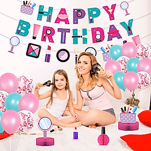 Sumind Spa Theme Party Supplies for Girls Makeup Party Decorations Includes 3 Happy Birthday Banner 1Cake Topper Pick and 20 Latex Balloons 4 Honeycomb Centerpieces for Spa Make up Theme Party Decor