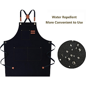 AFUN Chef Aprons for Women Men with Large Pockets, Cotton Canvas Cross Back Water Repellent Work Apron, Size M to XXL (Black)