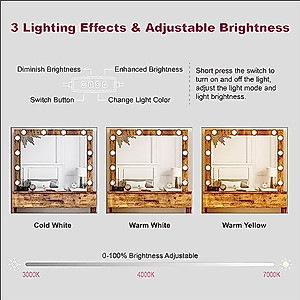 Vanity Desk with Mirror and Lights, Vanity Set Makeup Vanity Table with Adjustable Lights One Drawer Storage Makeup Table with Stool Vanity Desk for Bedroom (Brown)