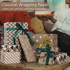 Hianjoo 6 Sheets Gift Wrapping Paper, 20x28 inch Recyclable Kraft Gift Wrapping Paper and 1 Sticker and 4 Ribbon for Birthday, Valentines, Christmas, Graduation, Baby Shower, Easter, DIY Craft