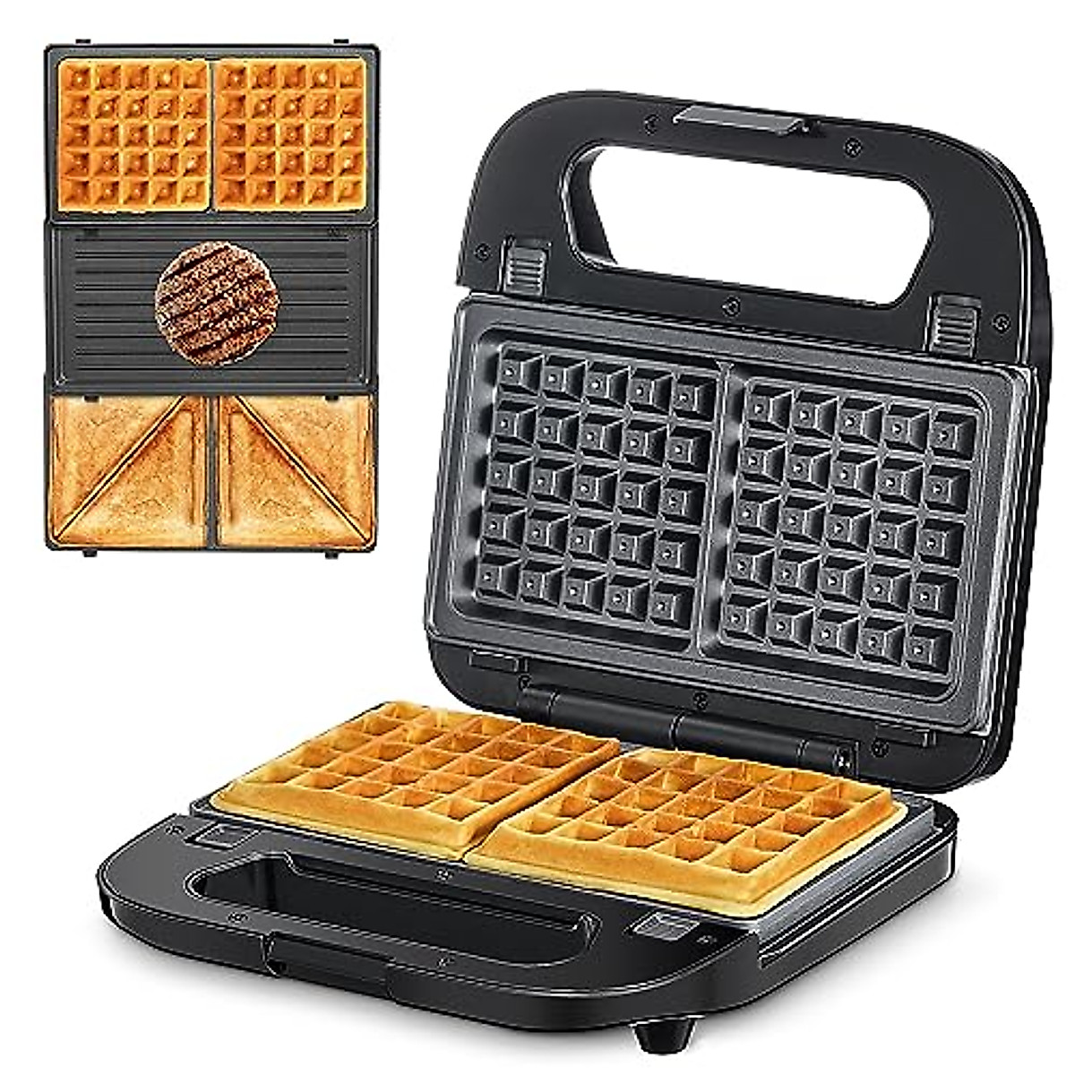 Reemix 3-in-1 Waffle, Grill & Sandwich Maker, Panini Press Grill and Waffle Iron Set with Removable Non-Stick Plates, Perfect for Cooking Grilled Cheese, Tuna Melts, Burgers, Steaks and Snacks, Black (3 in1 Sandwich Maker With Plastic Handle)