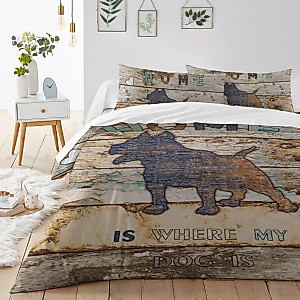 LooPoP Duvet Cover Set California King Size Pitbull Dog Comforter Sets 3 Pieces, Home Wood Grain Bedding Set with Zipper Closure and 2 Pillow Cases, Soft Lightweight Bed Covers Bedroom Decor