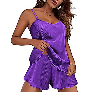 Ekouaer Womens Nightwear Pajamas Woman Y2K Sleepwear Adjustable Spaghetti Straps Pleated Camisole and Shorts PJ Set Dark Purple
