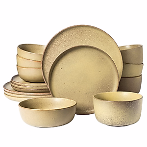 Gibson Elite James Street 16 Piece Stoneware Matte Reactive Double Bowl Dinnerware Set - Toast Cream, Service for 4 (16pcs)