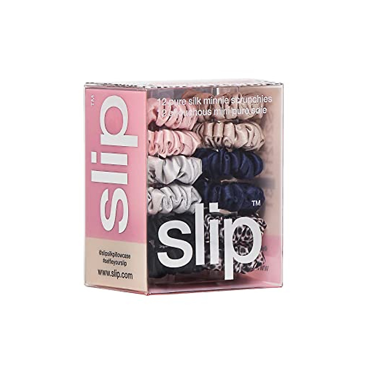 Slip Silk Pure Silk Minnie Scrunchies - Classic - 100% Pure 22 Momme Mulberry Silk Scrunchies for Women - Hair-Friendly Scrunchies Set in Pink, Caramel, Silver, Navy, Leopard & Black (12 Scrunchies)