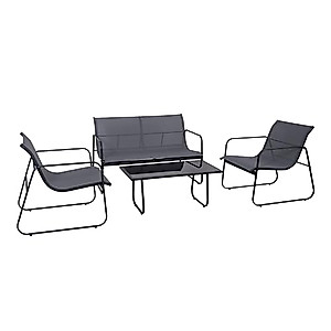 4 Piece Patio Furniture Set, Outdoor Conversations Sets for Patio, Lawn, Garden, Poolside with a Glass Coffee Table, Heathered Grey Fabric with Black Frame