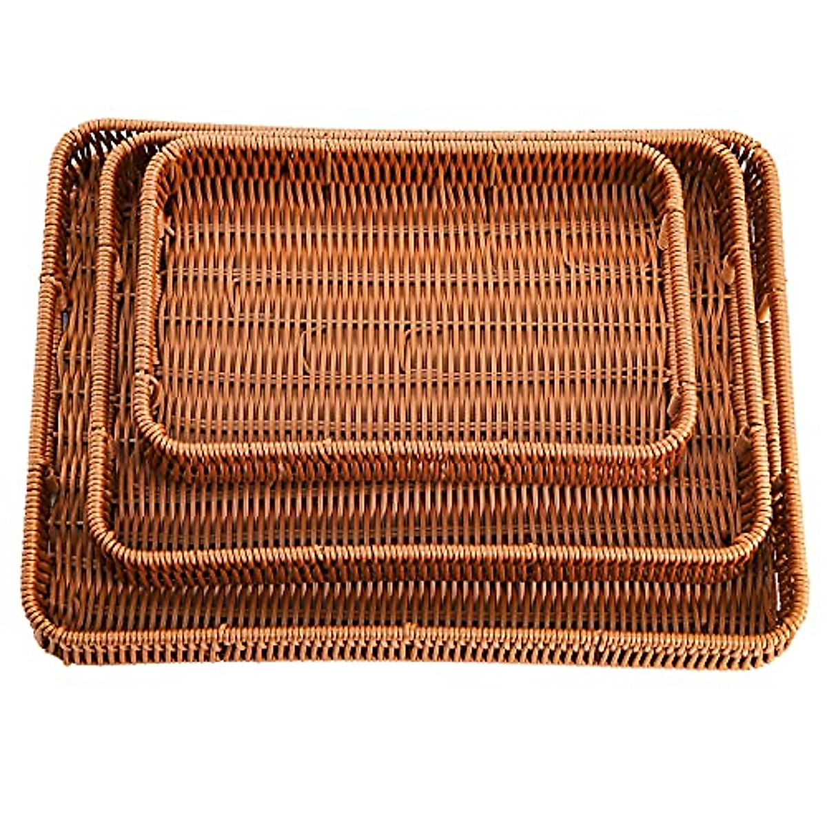 Yarlung 3 Pack Woven Baskets Serving Trays with Handles, Poly Wicker Bread Baskets Rectangular Platters for Fruit, Vegetables, Breakfast, Drinks, Snacks, Dining Coffee Table, 3 Sizes