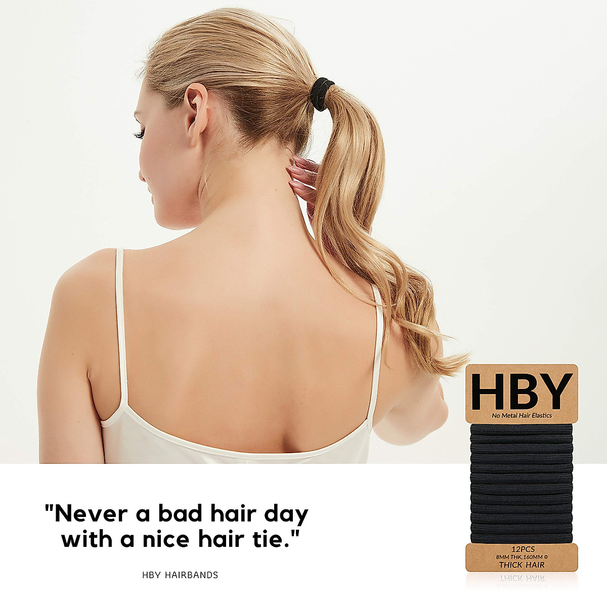 HBY Women's Hair Ties for Thick or Curly Hair. No Slip Seamless Ponytail Holders Sports Thick Hair Ties, Black, 8MM, 12 Pcs