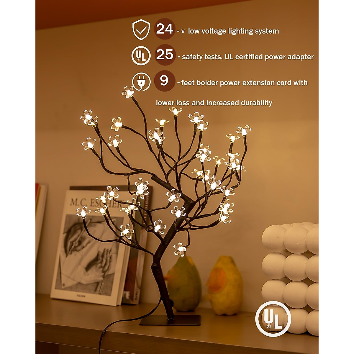 Tybeeu 20 Inch Cherry Blossom Bonsai Tree, 40 LED Warm White Lights, with 24V UL Listed Adapter and Metal Base, Ideal as Night Lights, Standard Version