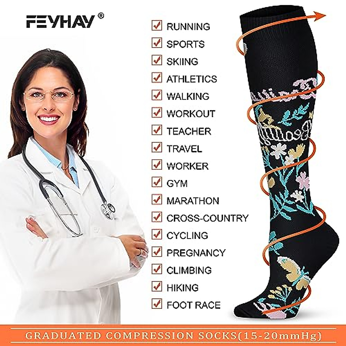 FEYHAY Copper Compression Socks (8 Pairs) 15-20 mmHg is BEST Graduated Athletic & Daily for Men & Women Running Travel