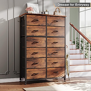 YaFiti Dresser for Bedroom, 12 Drawers with Wooden Top, Fabric Bins, Hooks and Metal Frame, Tall Chest of Drawers for Living Room, Hallway, Rustic Brown