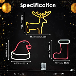 3 Pieces Christmas Neon Sign Night Light LED Elk Christmas Stocking Christmas Hat Neon Wall Decor Lights USB and Battery Powered Neon Christmas Light Sign for Bedroom Kids Xmas Gifts Home Wedding Bar