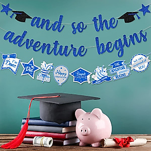 Blue and White And So The Adventure Begins Banner Blue and White Graduation Party Decorations 2024 Blue Graduation Decorations Class of 2024 Graduation Party Decorations 2024 Blue